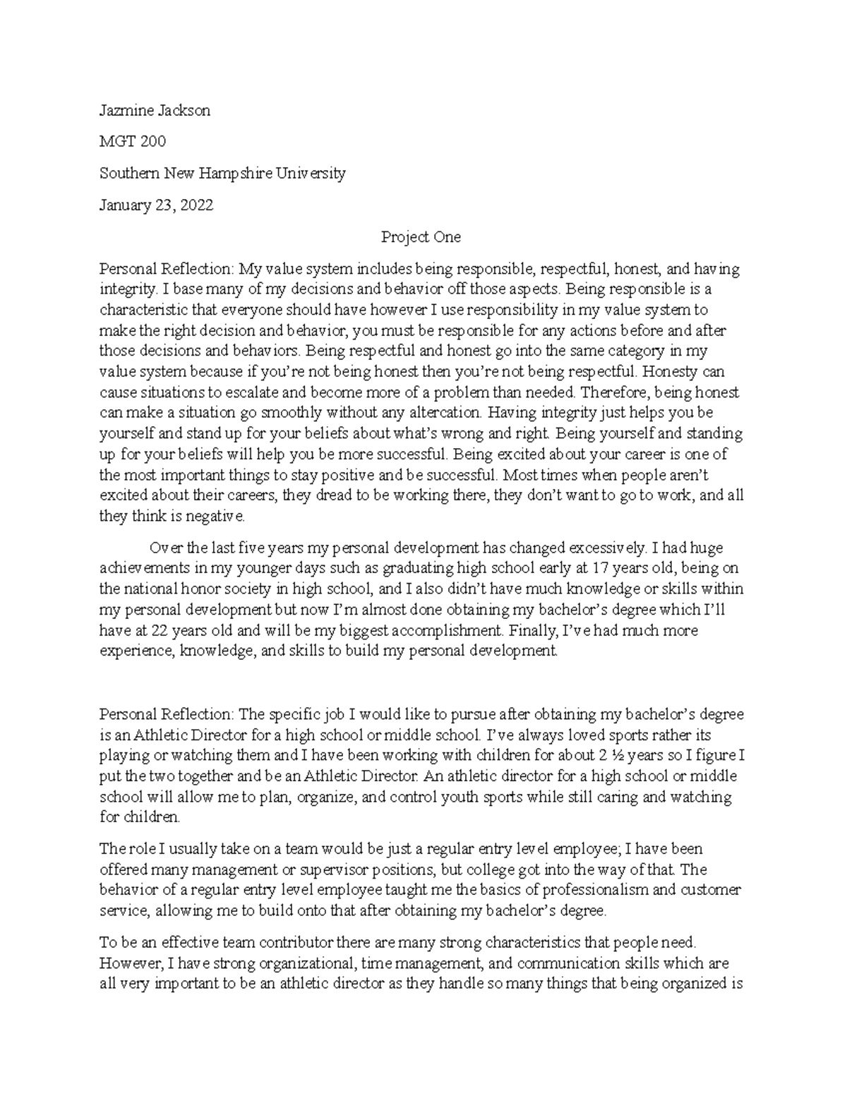 Project one - MGT 200; MODULE 3 - Jazmine Jackson MGT 200 Southern New ...