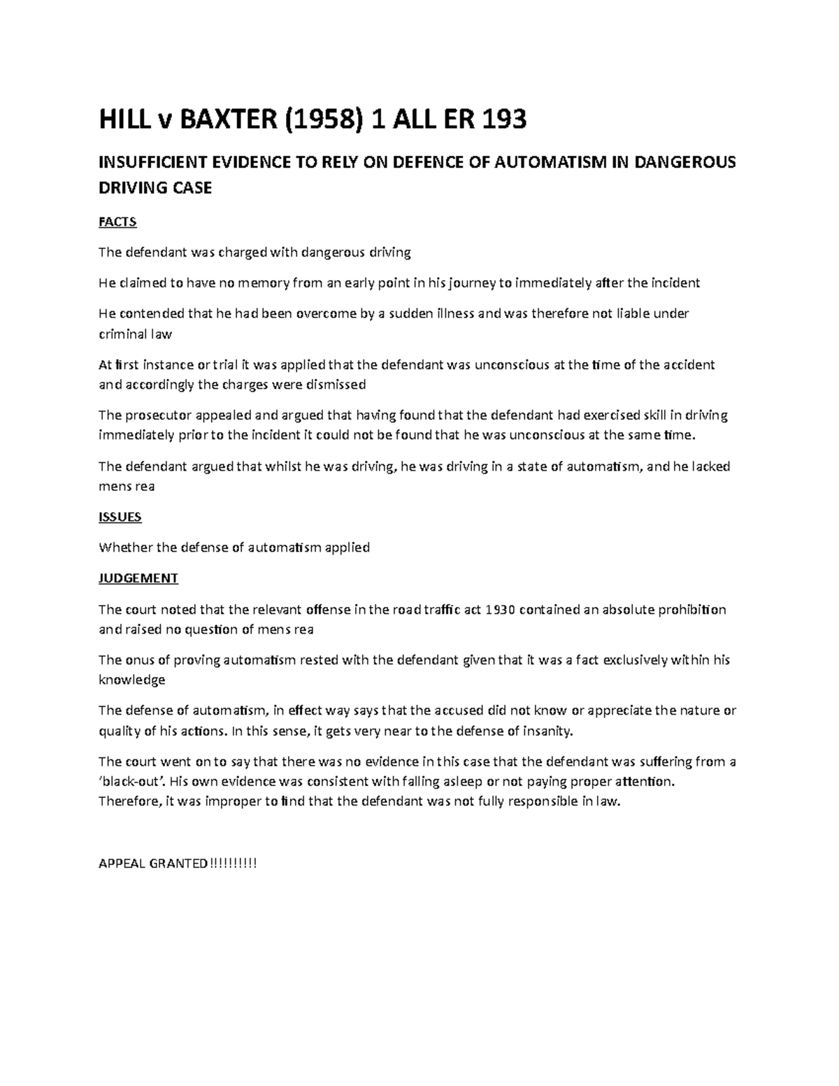 Actus REA CASE Briefs - case summaries - HILL v BAXTER (1958) 1 ALL ER ...