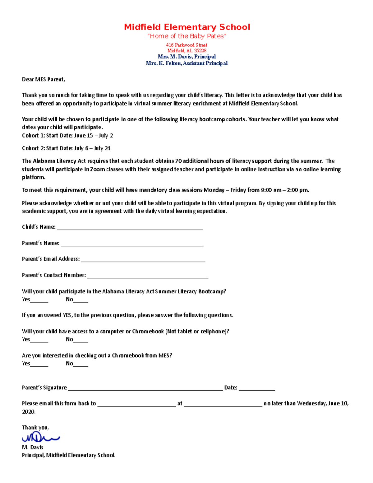 2020 Summer Literacy Boot Camp Parent Acknowledgment Letter - Midfield ...