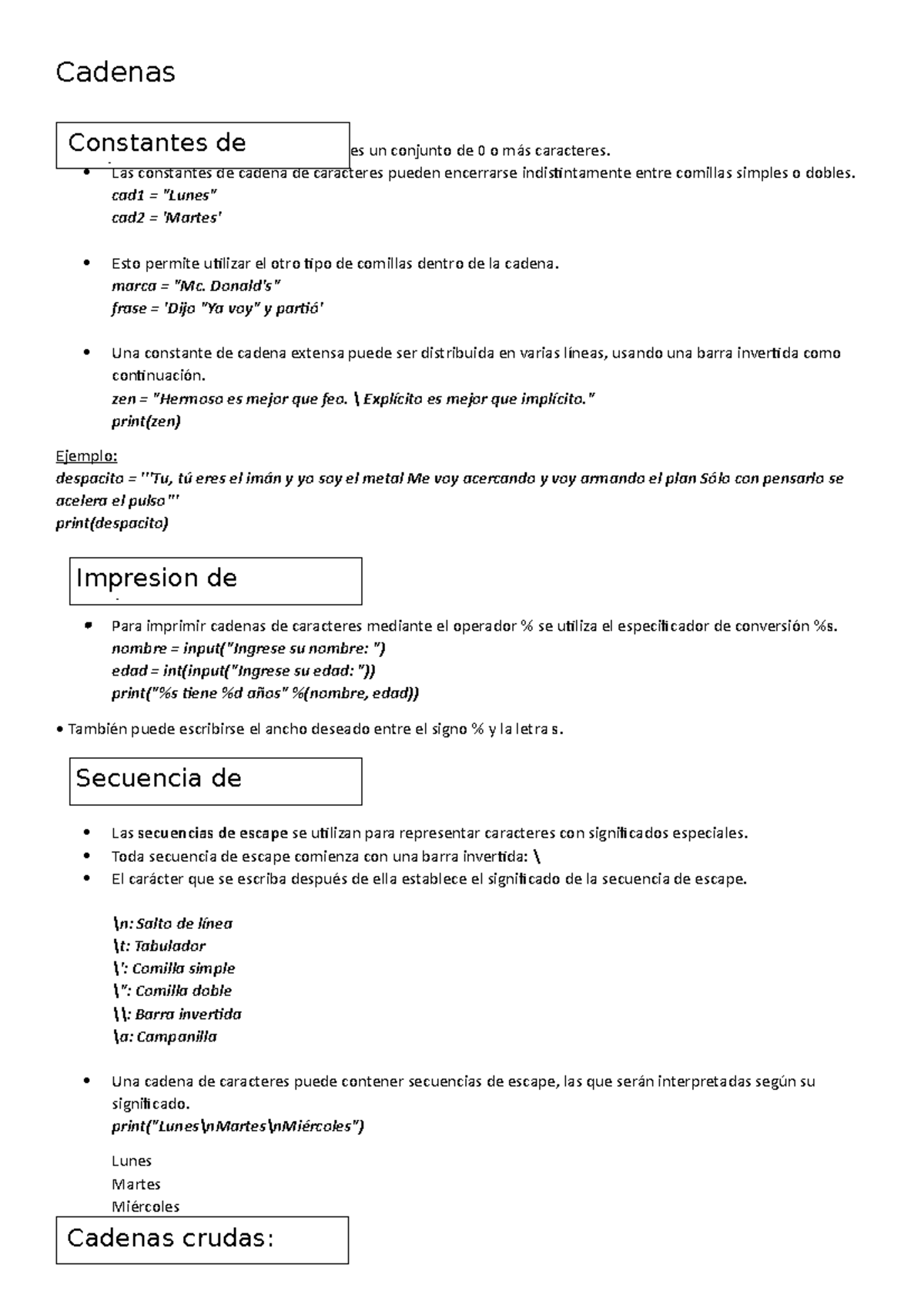 Cadenas Parte I Y II - Cadenas Una cadena de caracteres (string) es un ...