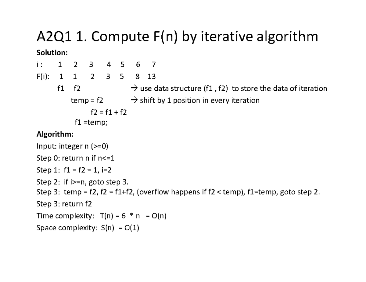 A2 theory - A2Q1 1. Compute F(n) by iterative algorithm ...