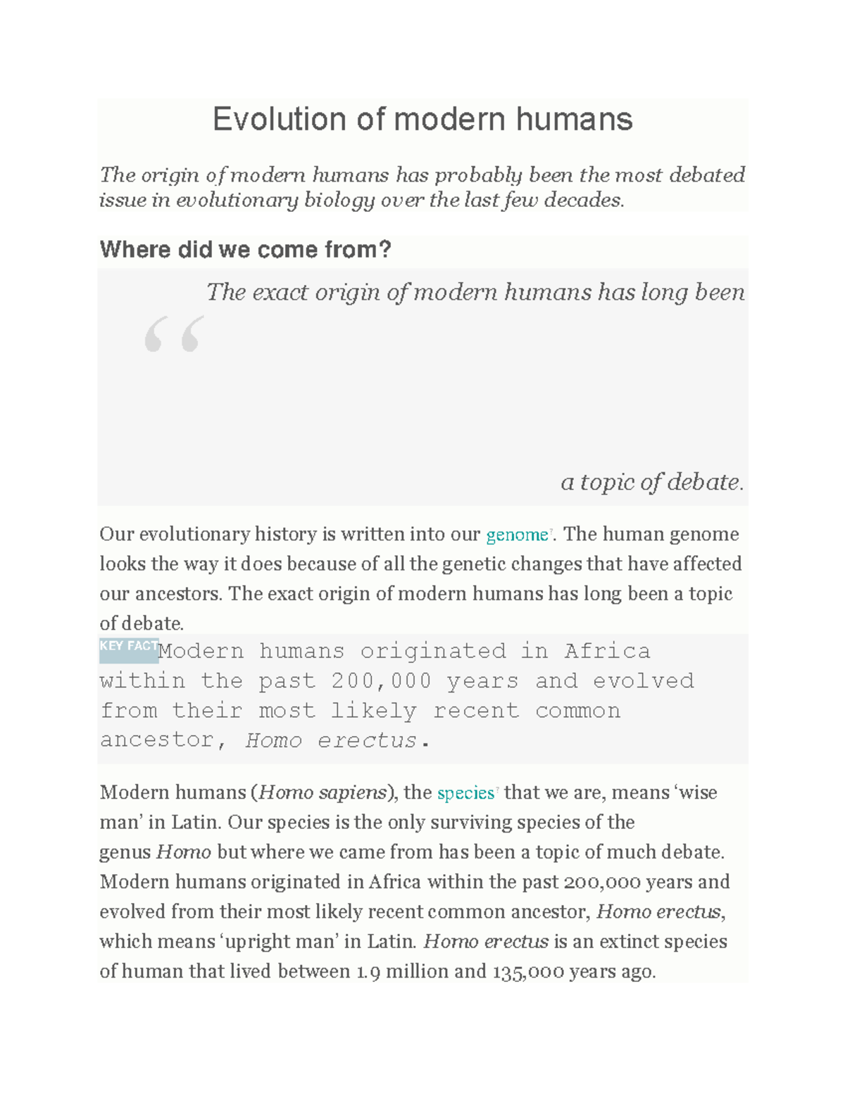 Evolution of modern humans - Where did we come from? “ The exact origin ...
