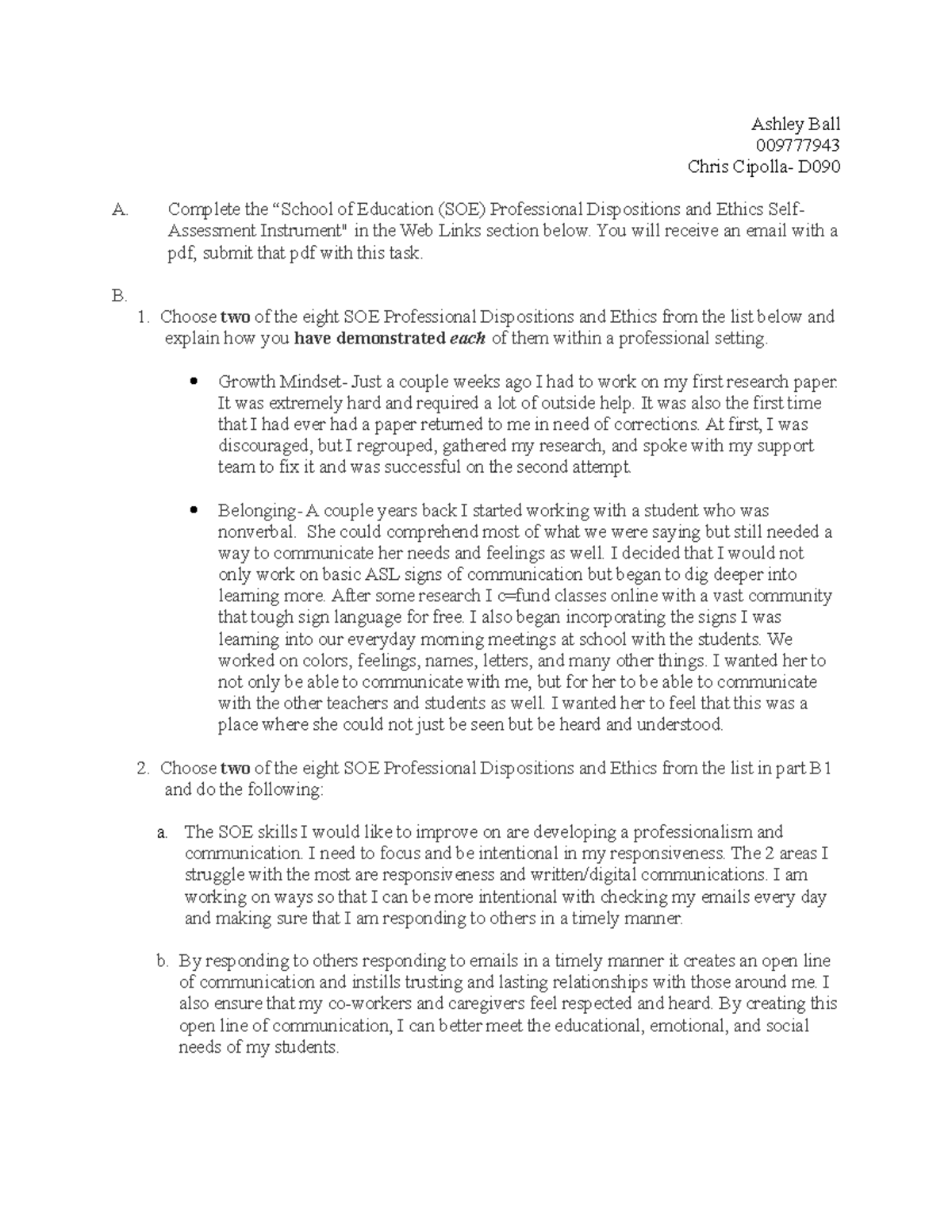 D090 Task4 - Task 4 - Ashley Ball 009777943 Chris Cipolla- D A ...