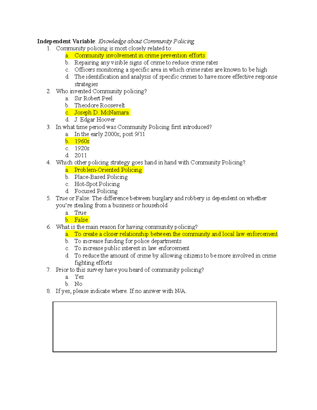 Measures - Independent Variable : Knowledge about Community Policing 1 ...