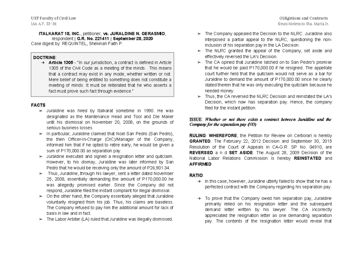 Italkarat 18, INC. v. Gerasmio - UST Faculty of Civil Law Obligations ...