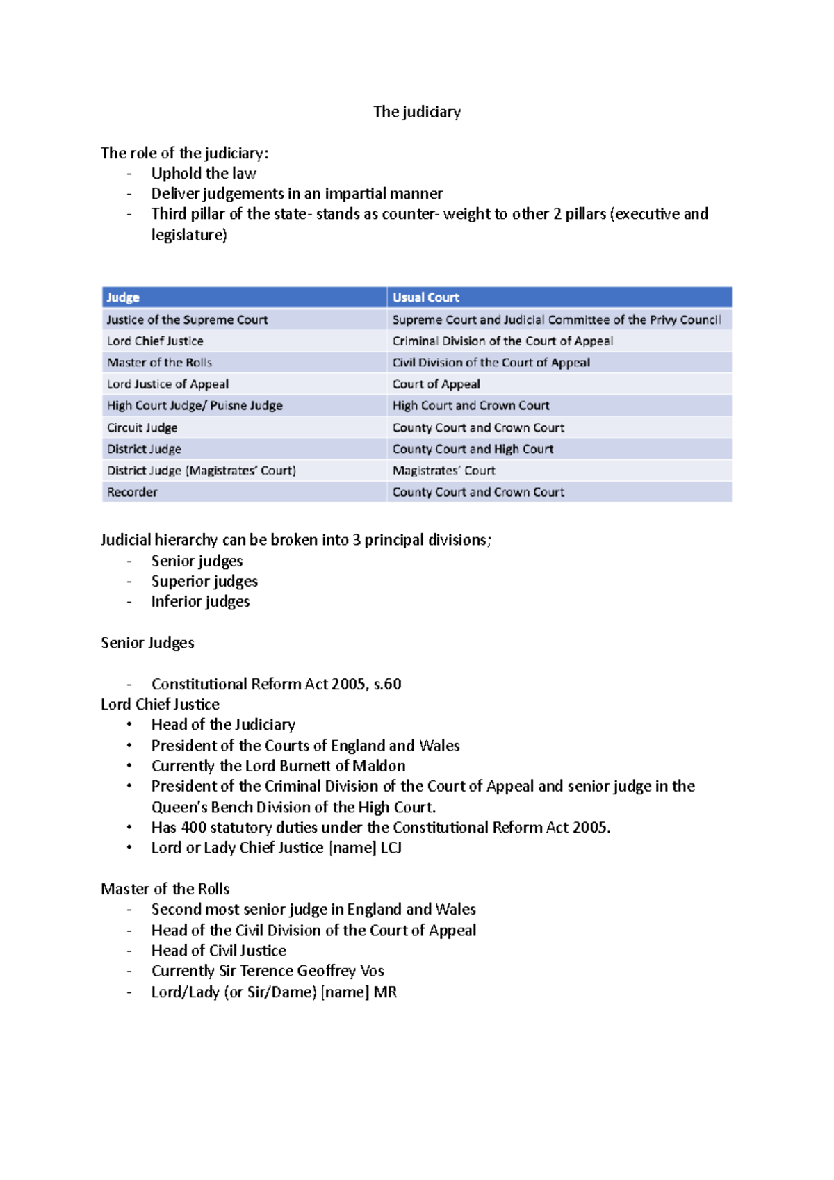 Judiciary - lecture notes - The judiciary The role of the judiciary ...
