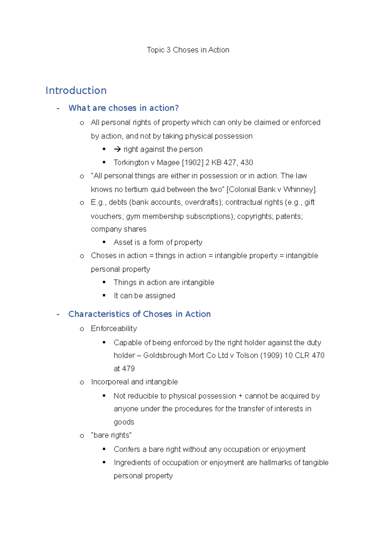 Topic 3 Notes - Topic 3 Choses in Action Introduction What are choses ...