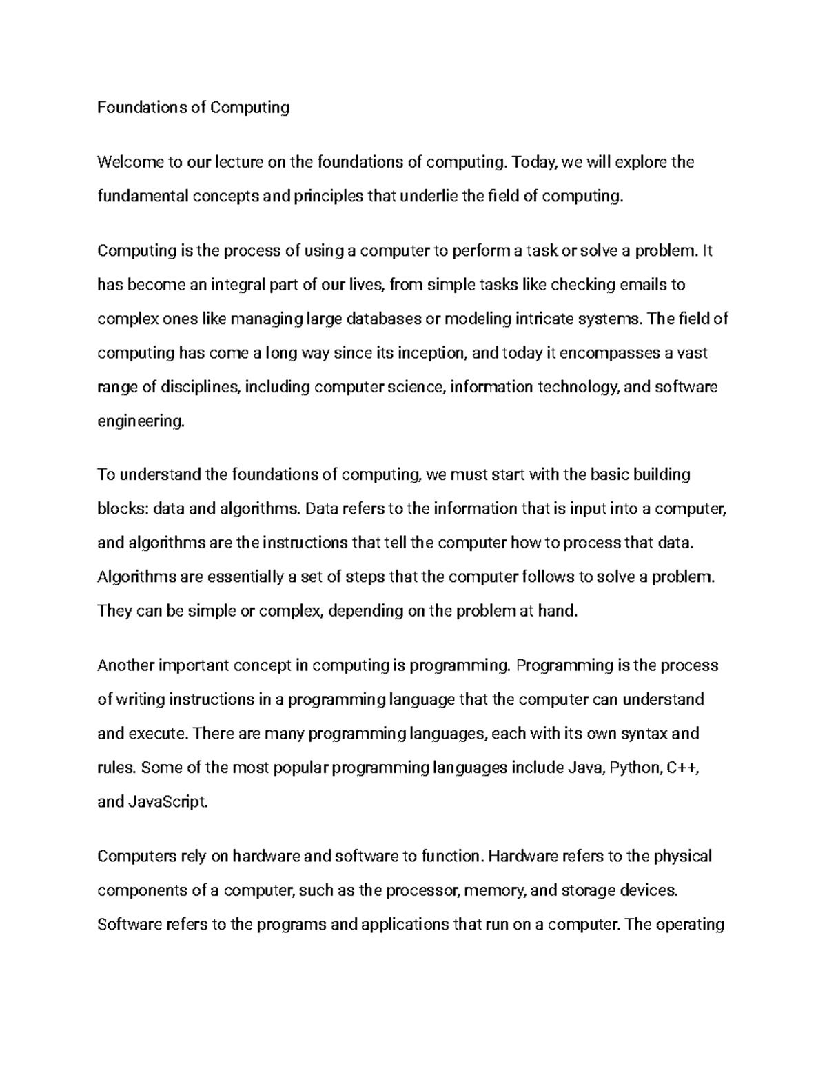 Foundations of Computing - Today, we will explore the fundamental concepts and principles that ...