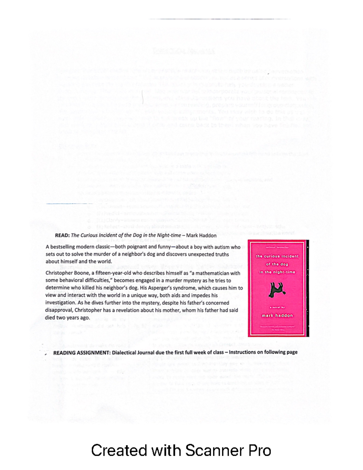 Dialectical journal the curious incident of the dog in the night time ...