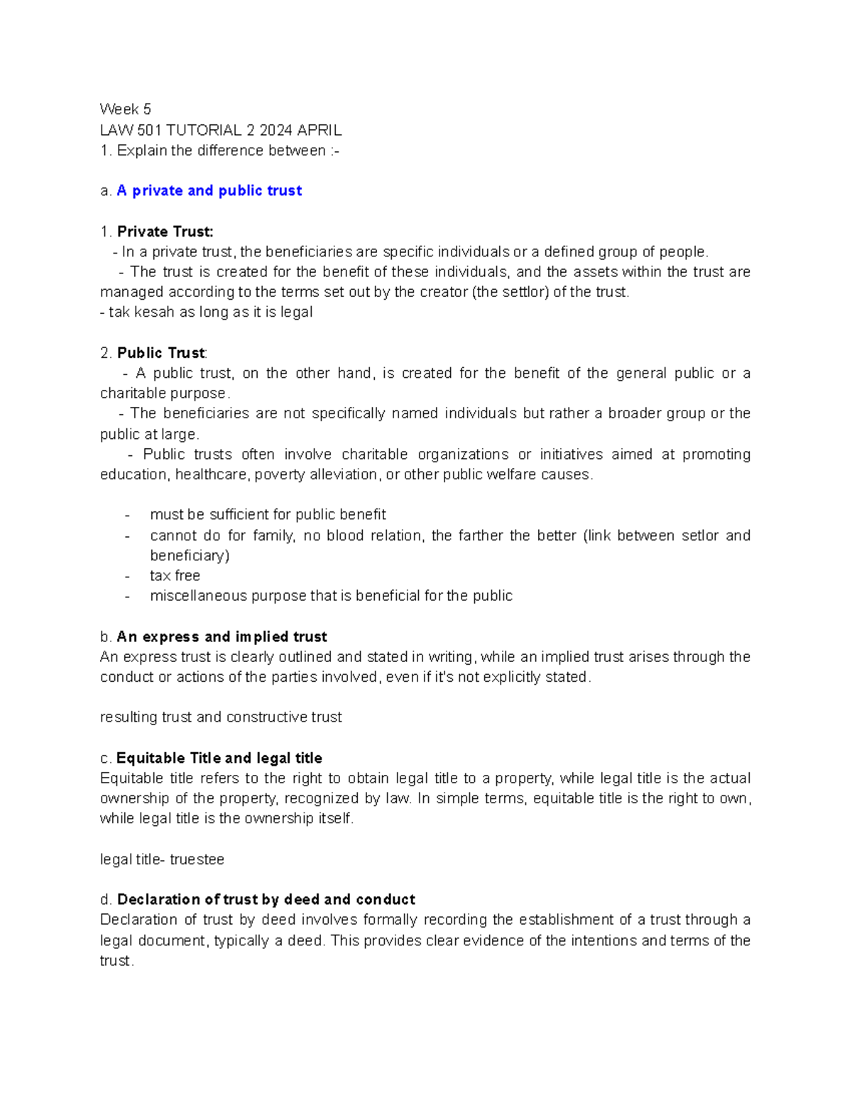 TUTO Equity - Week 5 LAW 501 TUTORIAL 2 2024 APRIL Explain the ...