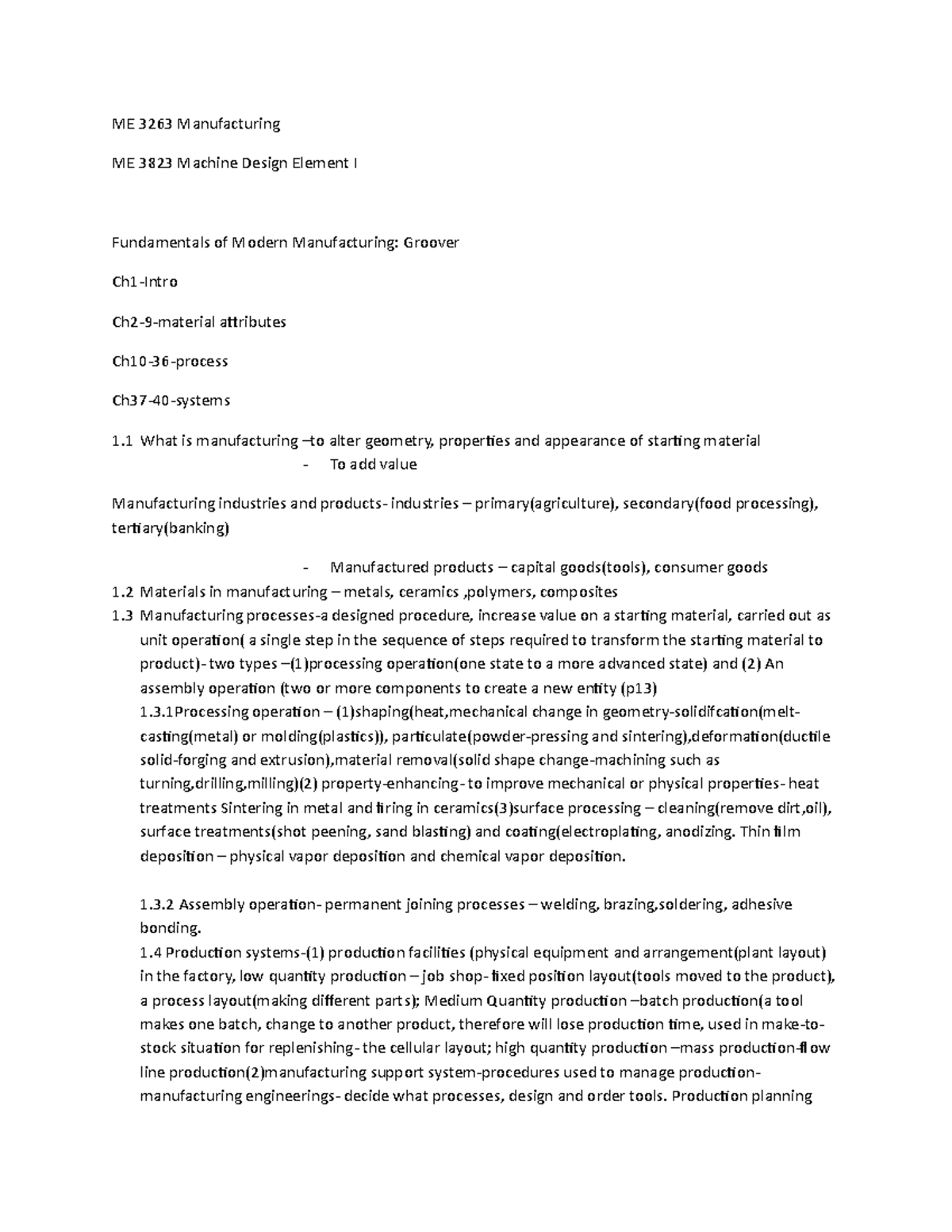 Notes of Fundamentals of Manufacturing Engineering Ch 1 of 5th - ME ...