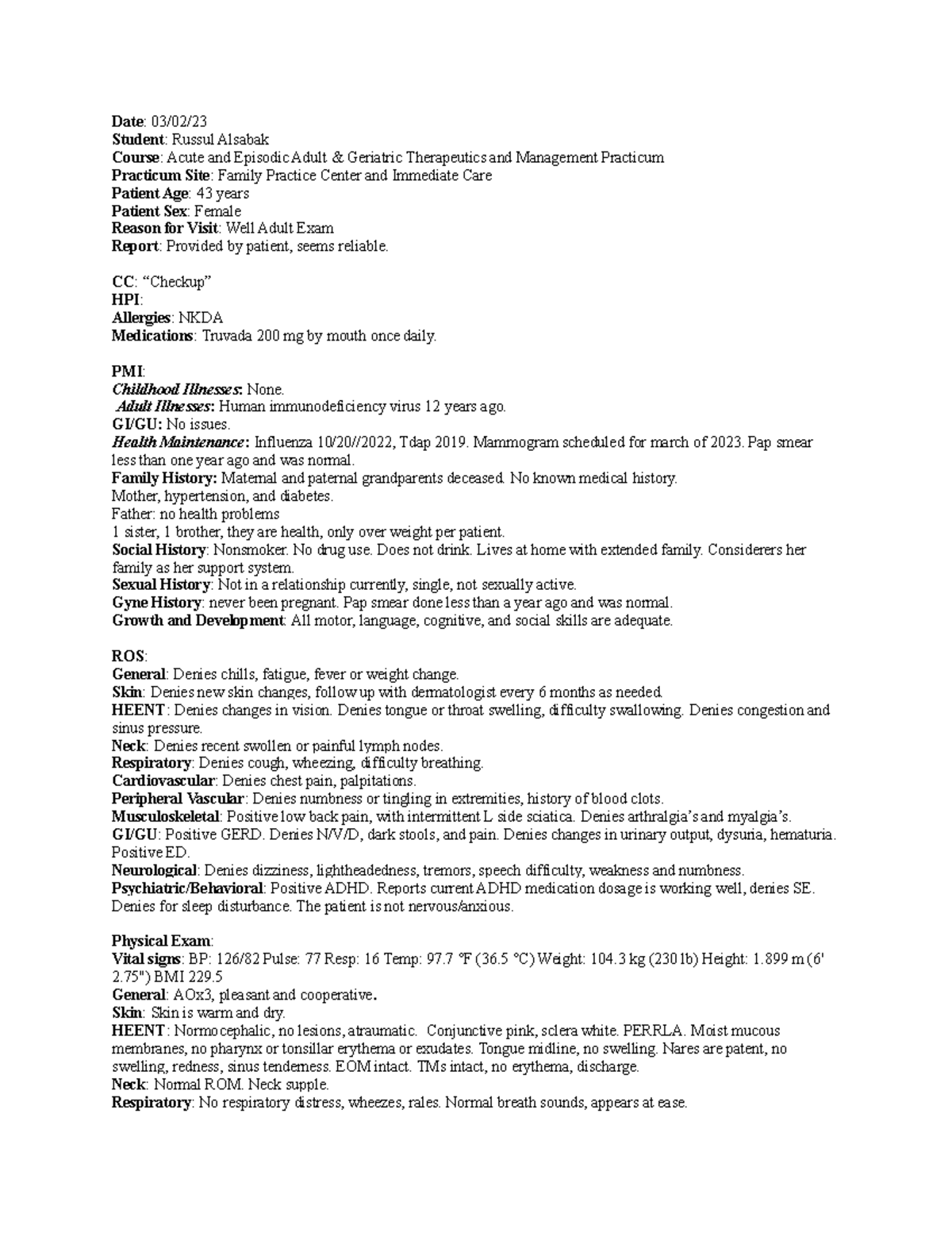 Soap note outline - class homework - Date: 03/02/ Student: Russul ...
