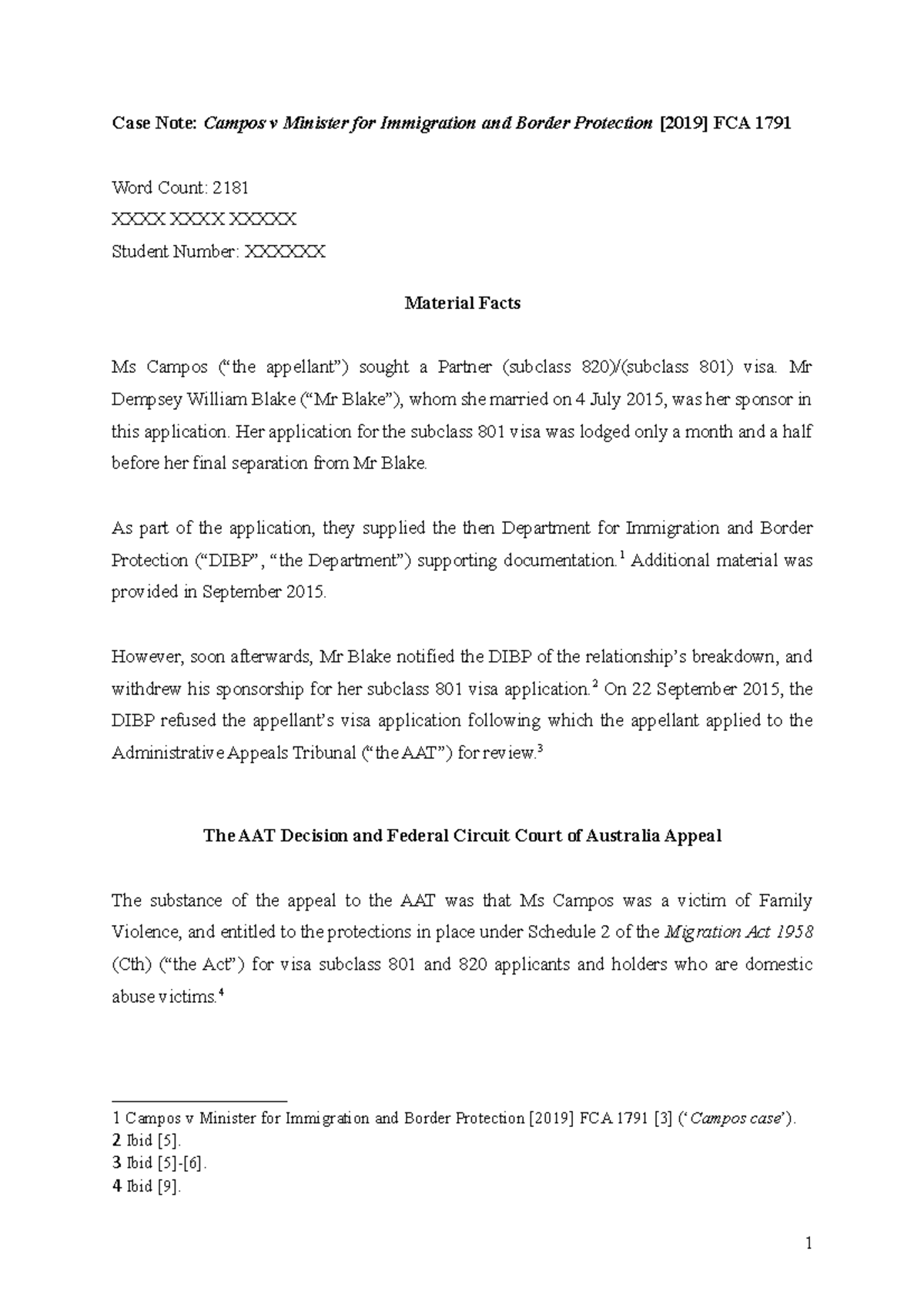 Case note model answer - Case Note: Campos v Minister for Immigration ...