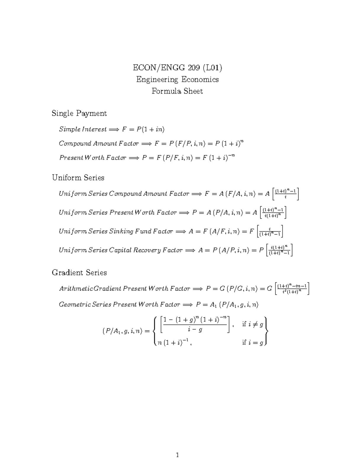 Formula Sheet ECON ENGG 209 L01 Engineering Economics Formula Sheet