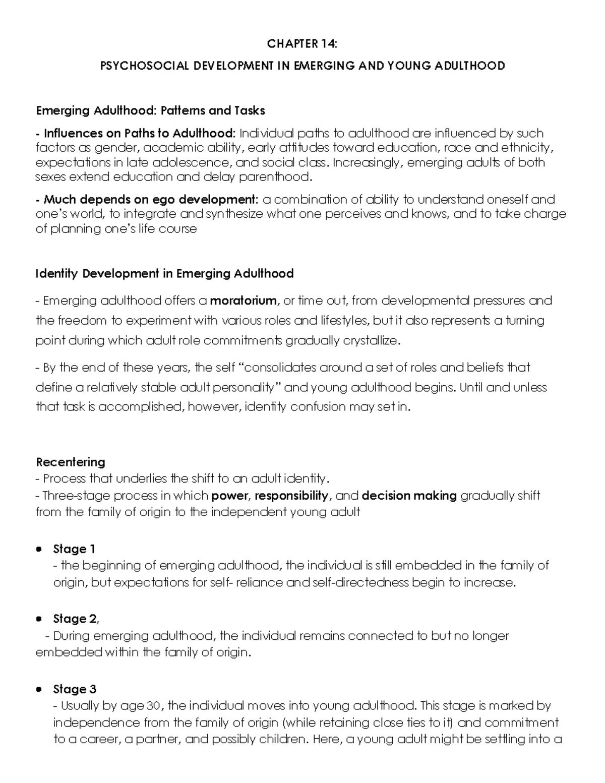 Chapter 14 - Reviewer - Summary Experience Human Development - CHAPTER 14: PSYCHOSOCIAL ...