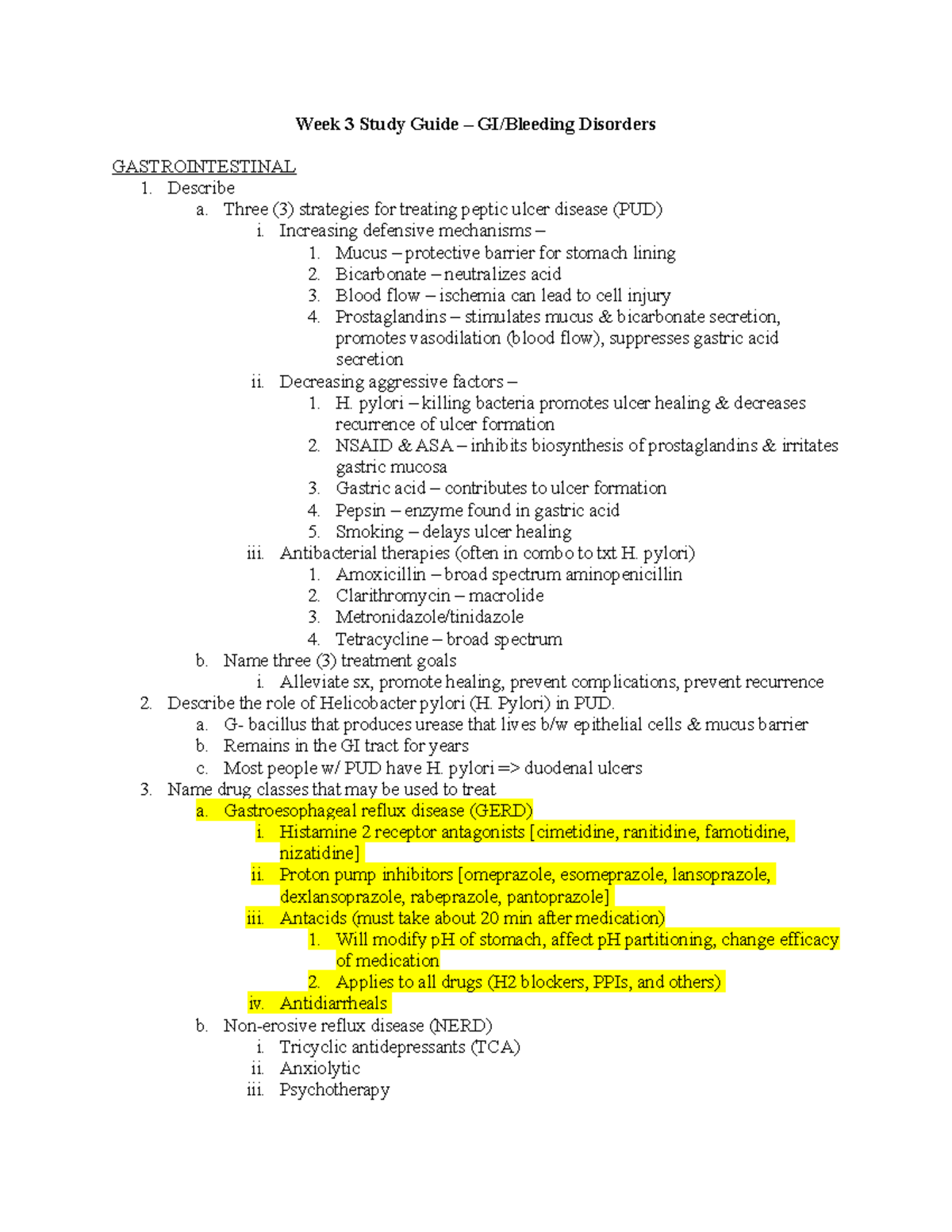 Pharm B - GI/bleeding disorders - Week 3 Study Guide – GI/Bleeding ...