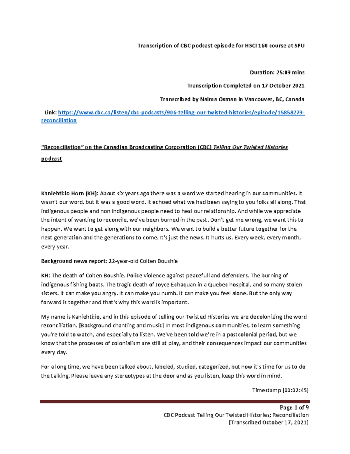 2021Transcript Twisted Histories - Page 1 of 9 CBC Podcast Telling Our ...