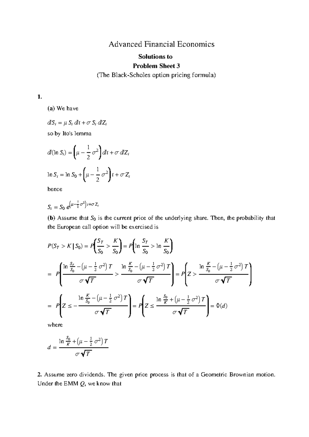 Problem Sheet 3 Solutions - Advanced Financial Economics Solutions to ...