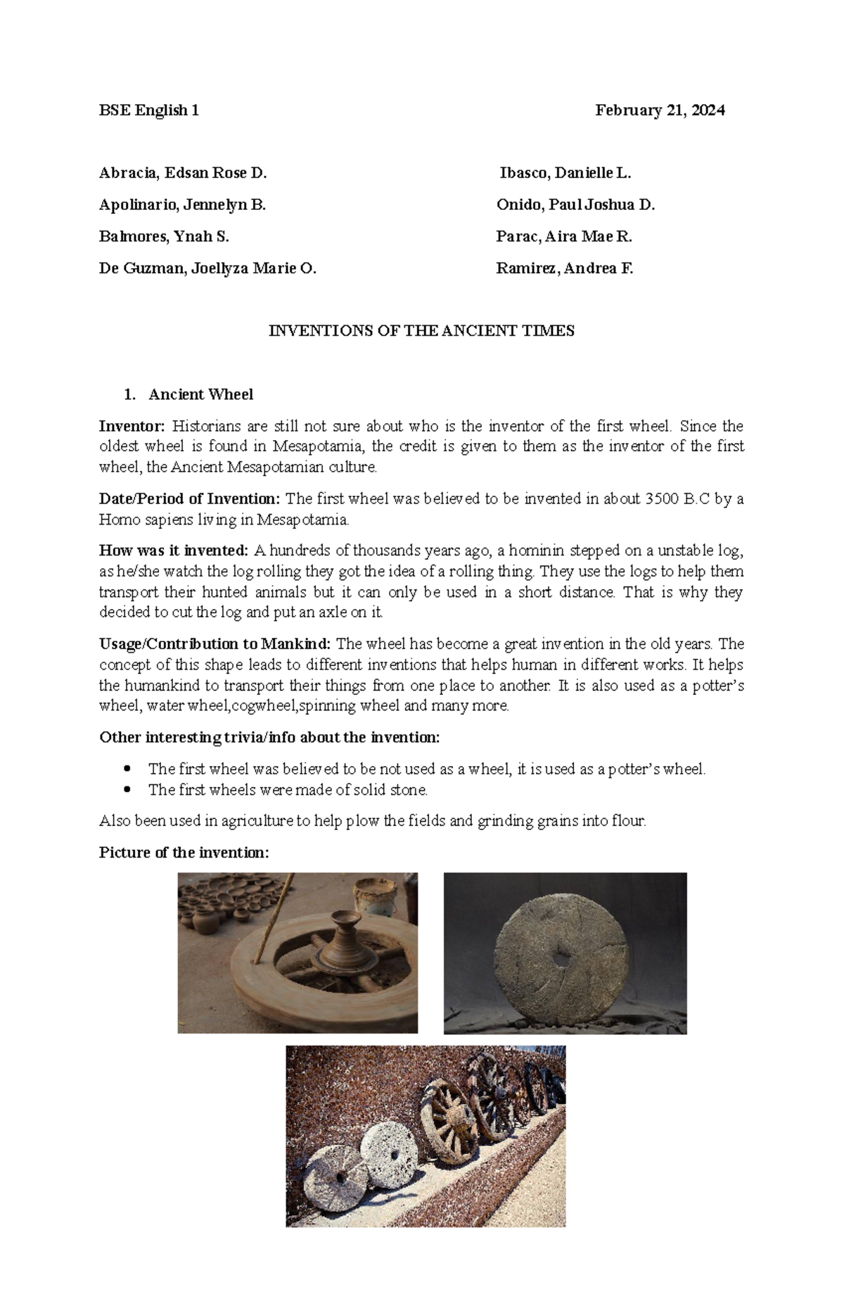 Inventions OF THE Ancient Times - BSE English 1 February 21, 2024 ...