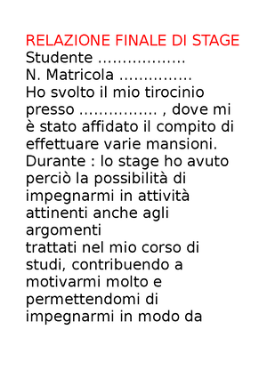 Relazione Finale DI Stage - RELAZIONE FINALE DI STAGE Studente ...