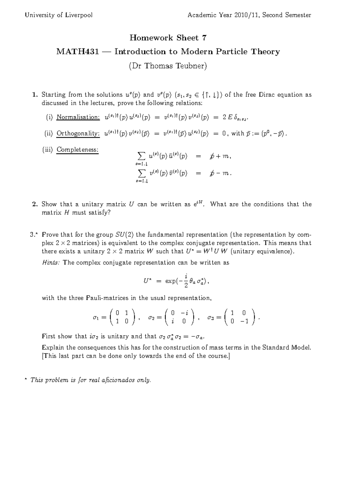 MATH431 2010-2011 Problem Sheet 7 - University of Liverpool Academic ...