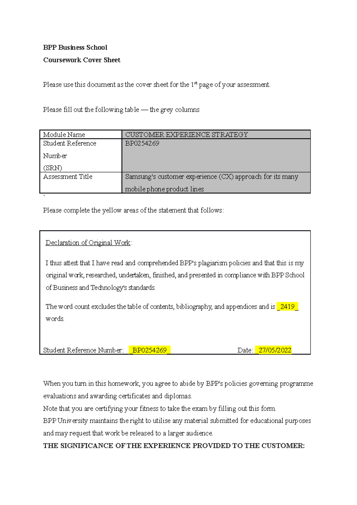 Customer experince strategy - BPP Business School Coursework Cover Sheet Please use this ...