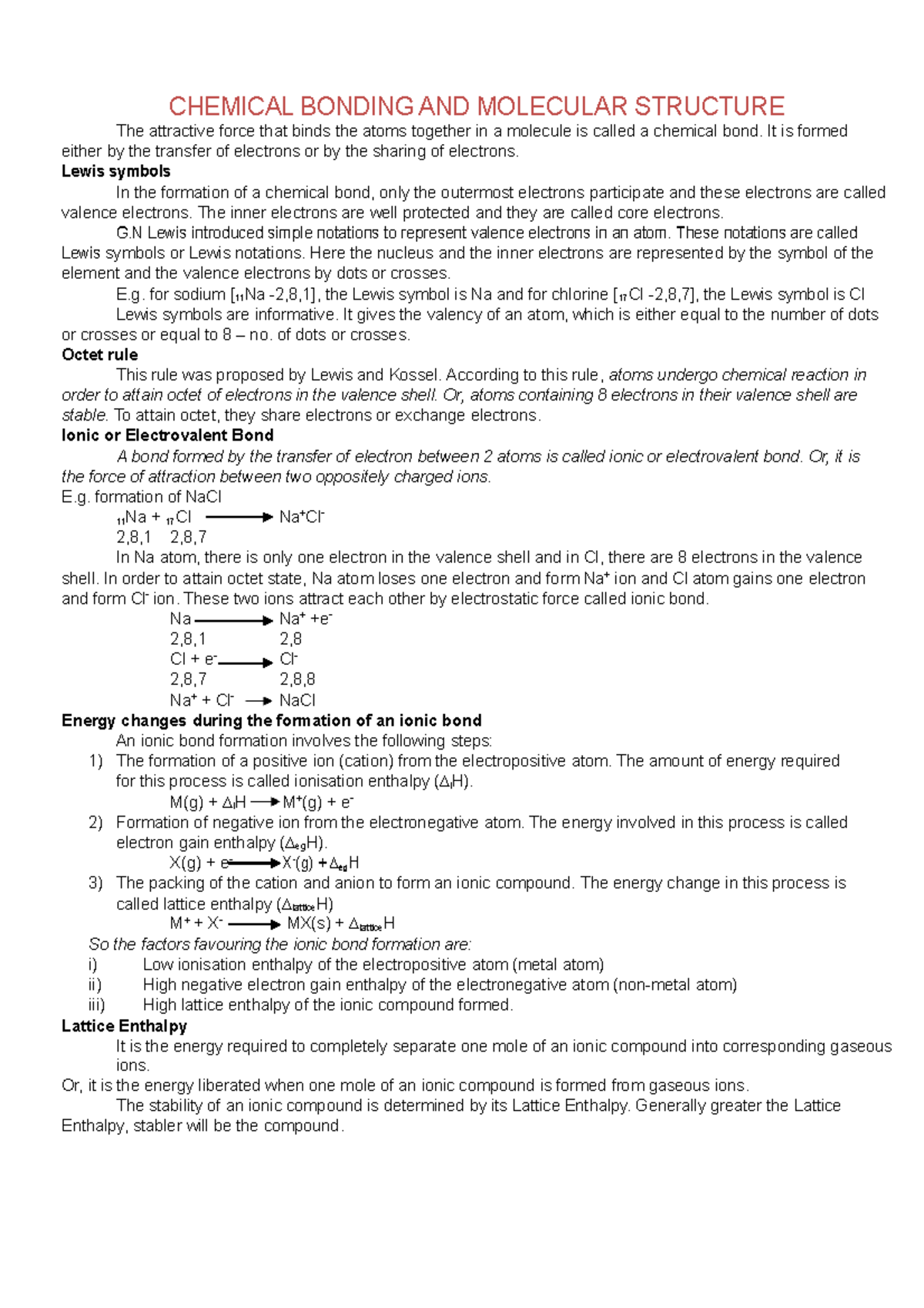4. Chemical bonding and Molecular Structure - CHEMICAL BONDING AND ...