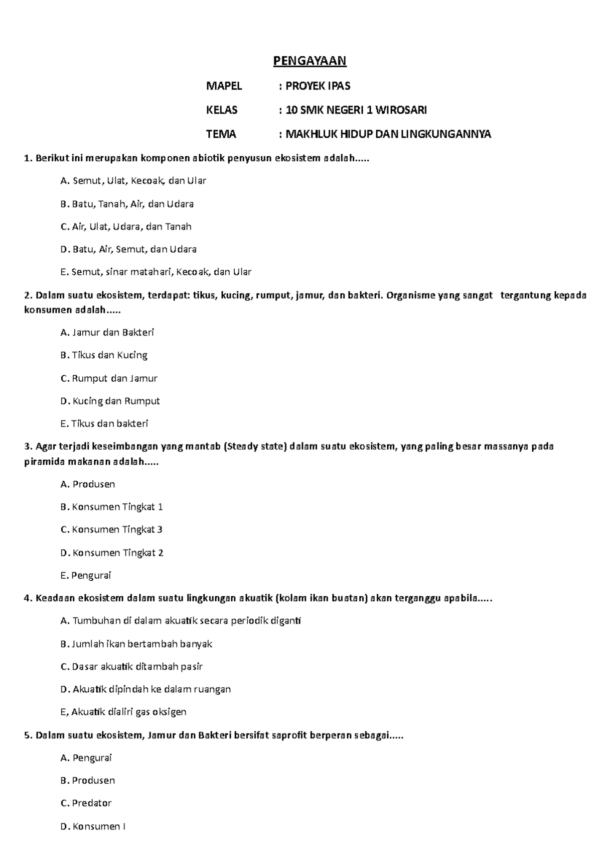 Ulangan Harian I Makhluk Hidup DAN Lingkungannya - PENGAYAAN MAPEL ...