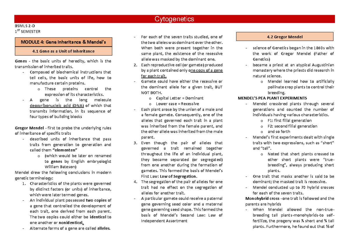 M4 Gene Inheritance and Mendels law - BSMLS 2-D 1 ST SEMESTER Genes ...