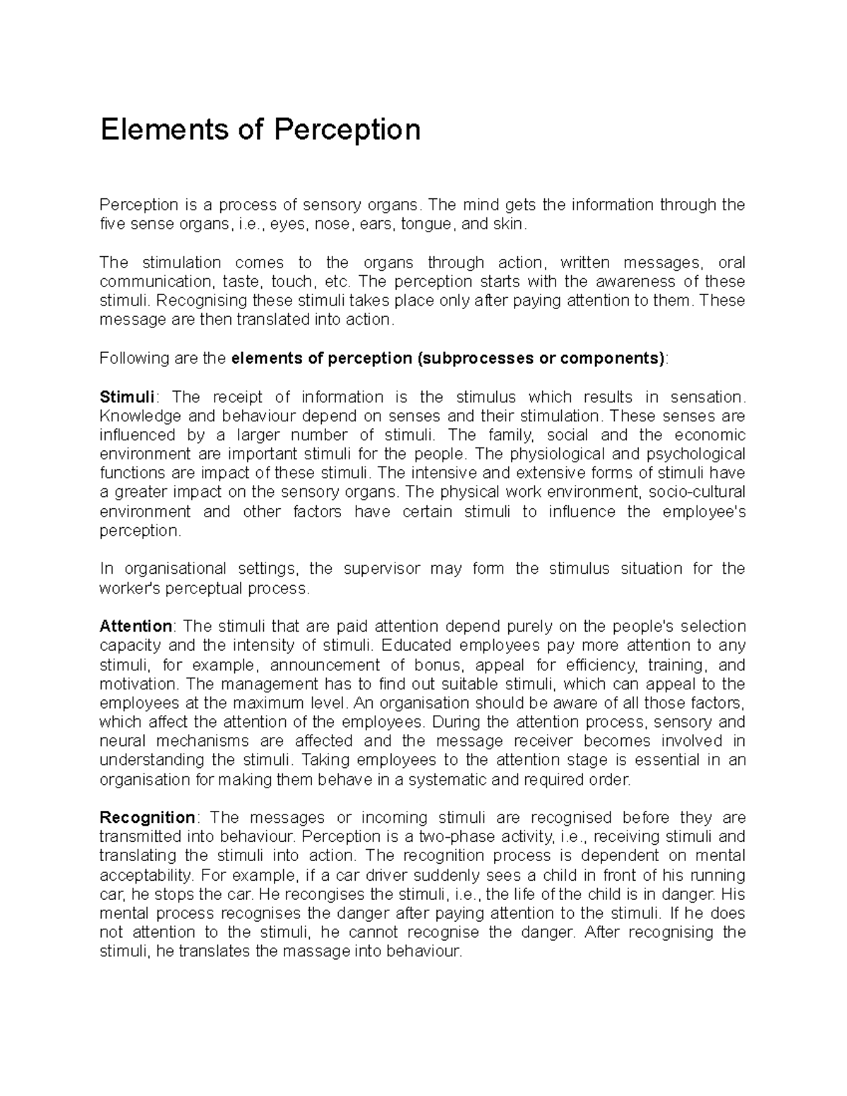 Elements of perception notes - Elements of Perception Perception is a ...
