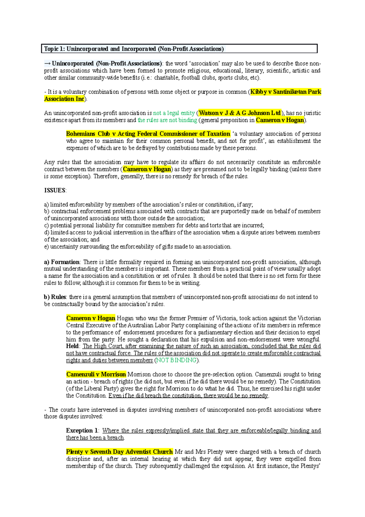 Notes (Law of Association) Updated - Topic 1: Unincorporated and ...