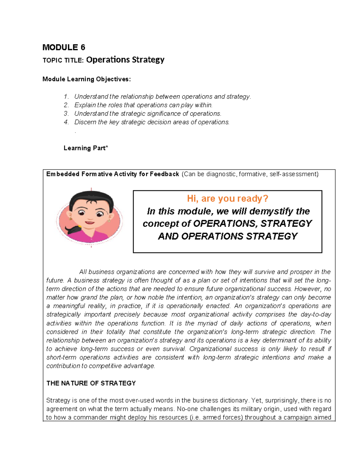 Module 6 - MQSMLMQKSM - MODULE 6 TOPIC TITLE: Operations Strategy ...