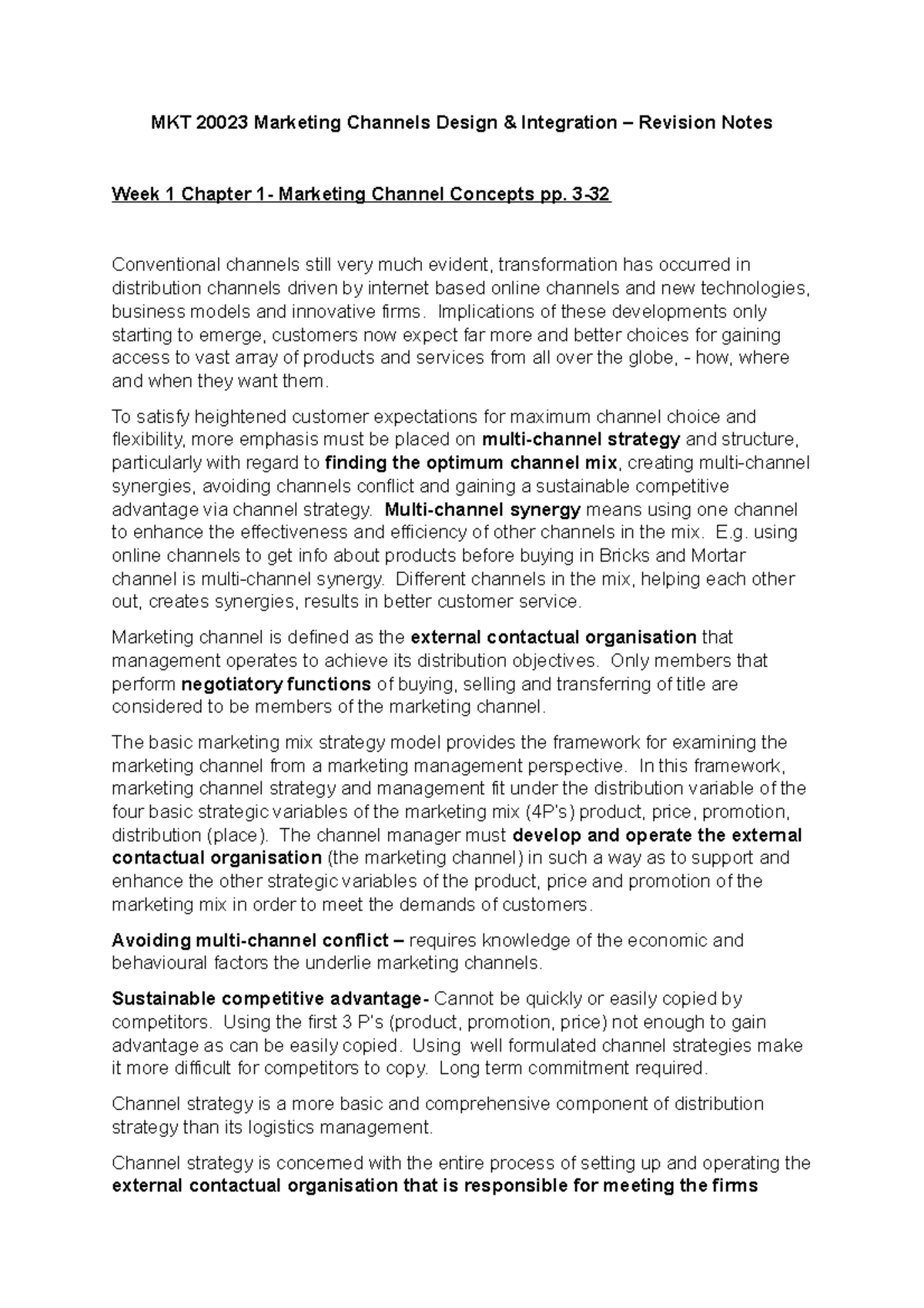 MKT 2002 3 Marketing Channels Design Revision notes - MKT 20023 ...