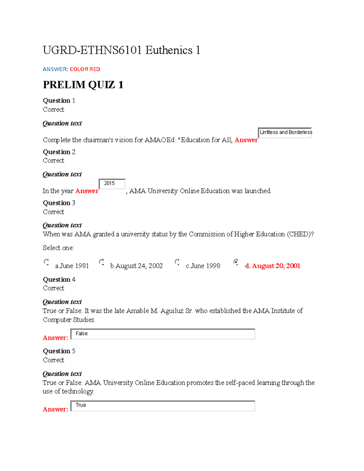 Pdfcoffee - Free - UGRD-ETHNS6101 Euthenics 1 ANSWER: COLOR RED PRELIM QUIZ 1 Question 1 Correct ...
