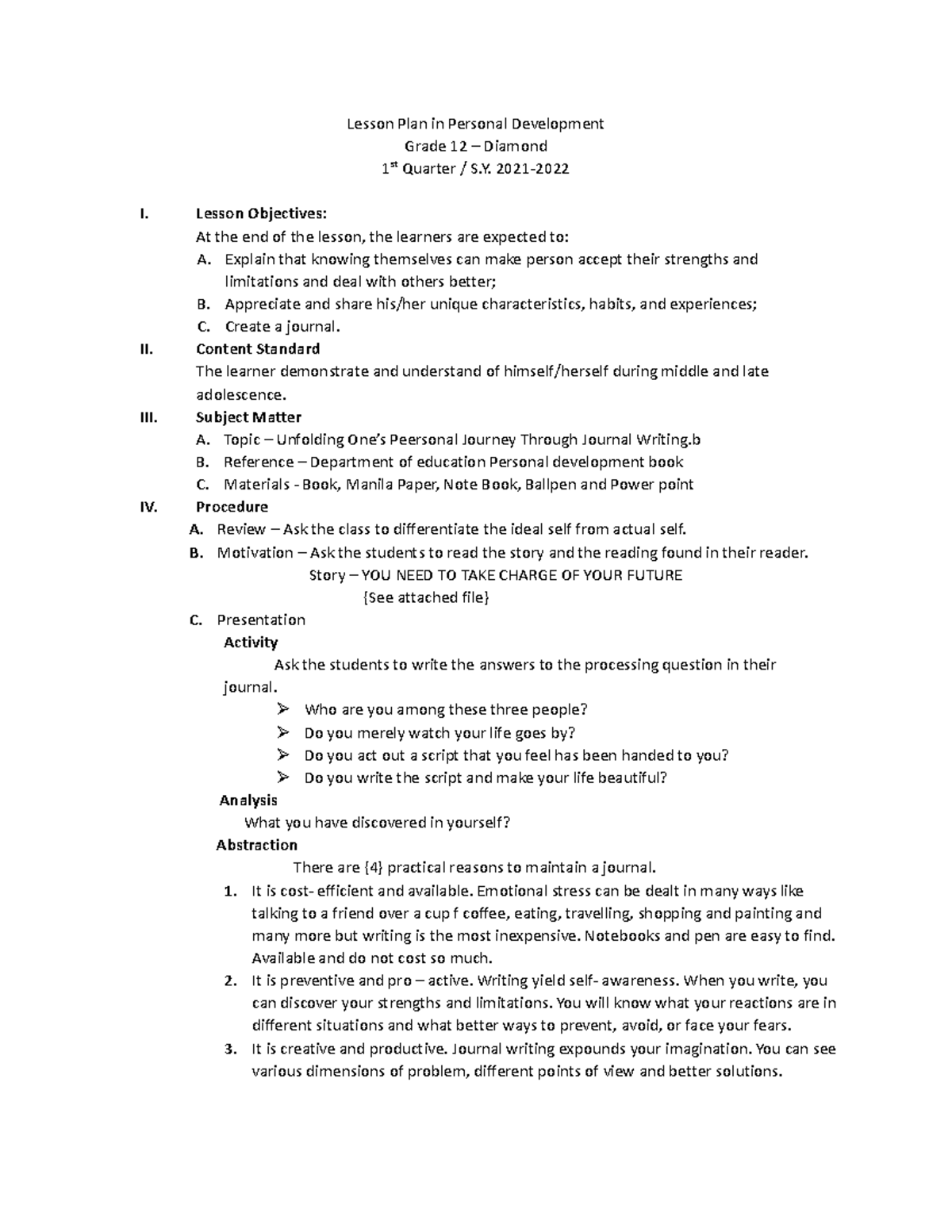 Lesson Plan in Personal Development 1st Quarter - Lesson Plan in ...