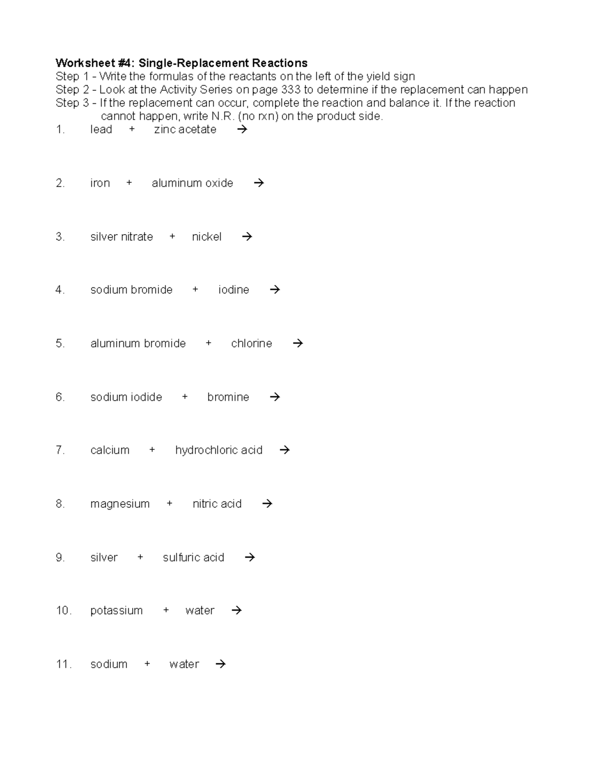 4.3 Singles Displacement Reactions Worksheet - Worksheet #4: Single ...