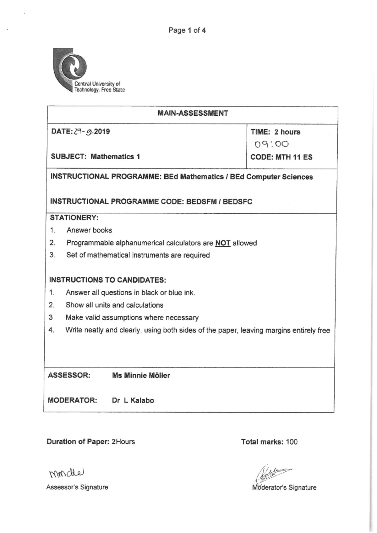 MTH11ES S1 2019 - question paper - Page 1 of 4 Central University of ...