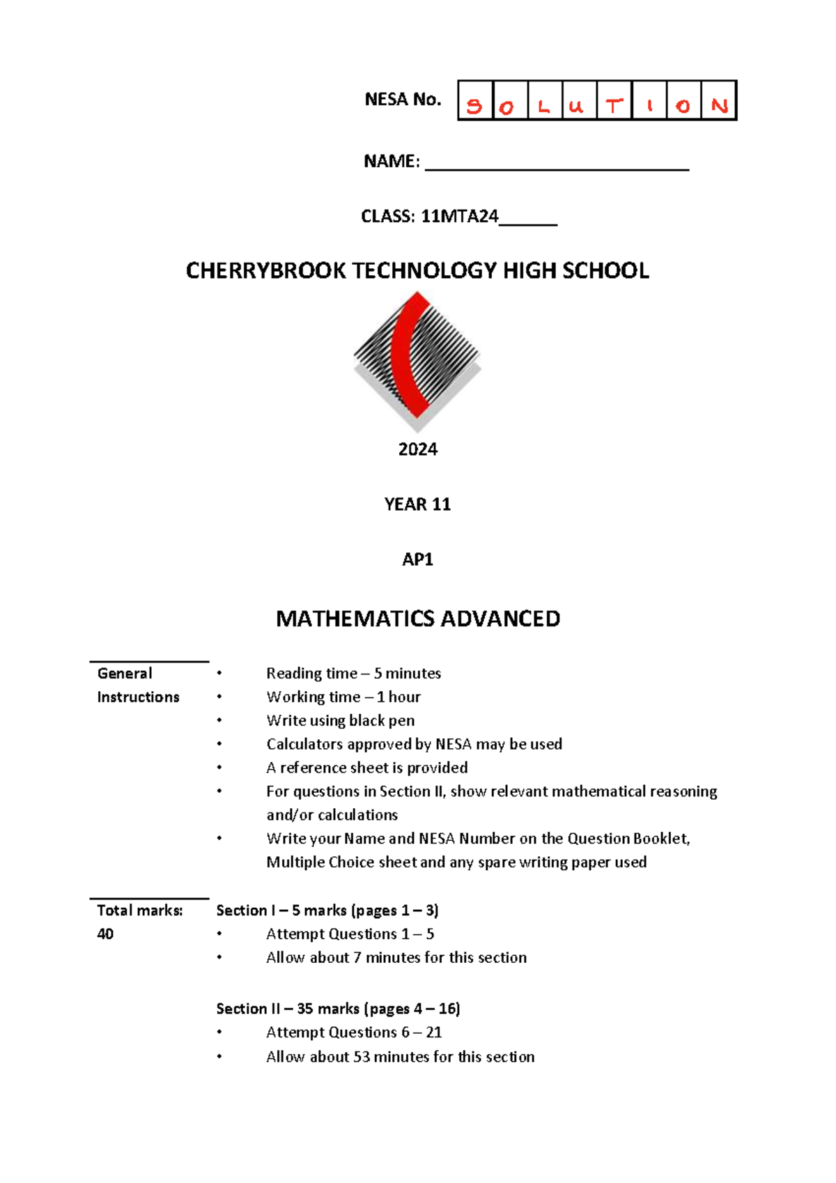 2024 Yr 11 AP1 Mathematics Advanced Solutions - NESA No. NAME