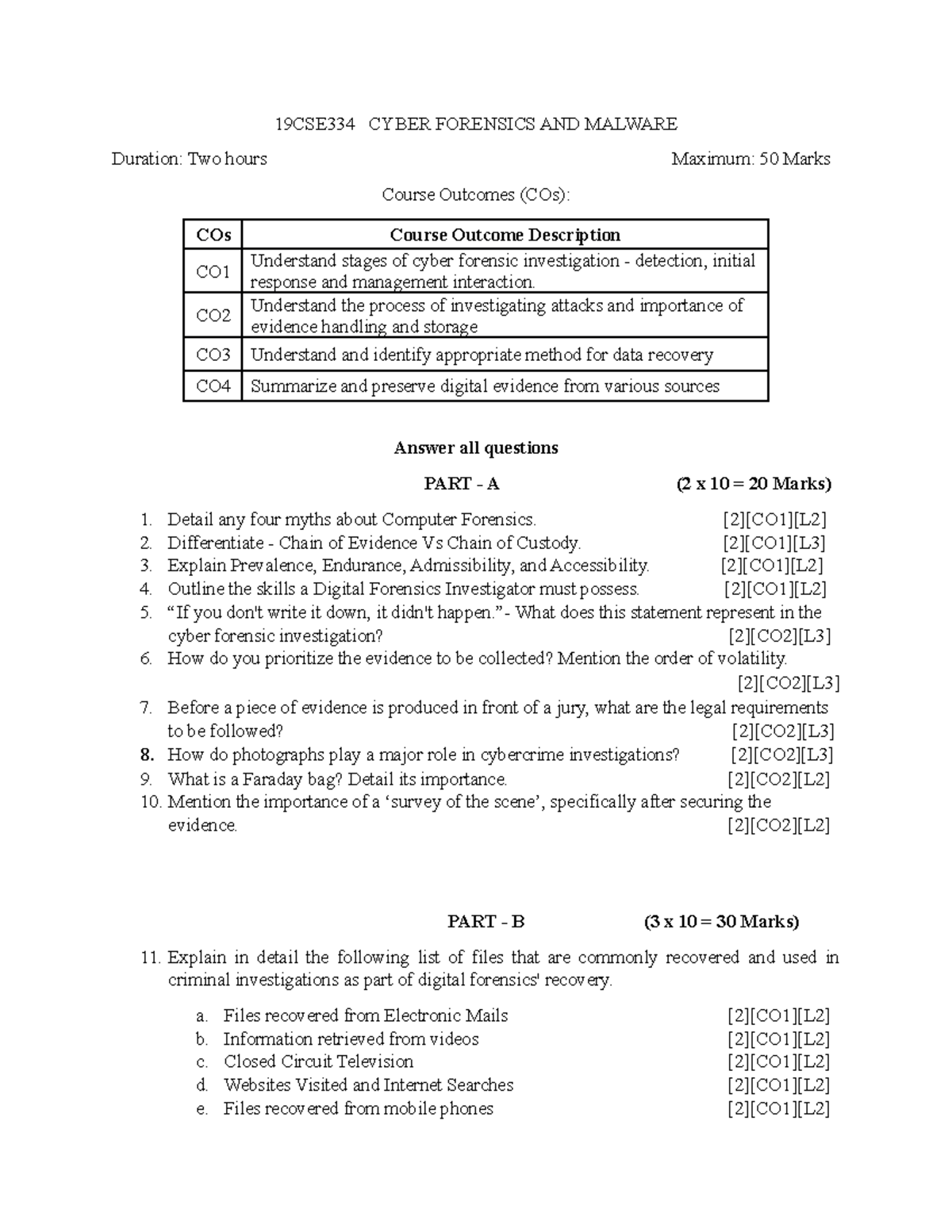 P1 - Its a question paper - 19CSE334 CYBER FORENSICS AND MALWARE ...