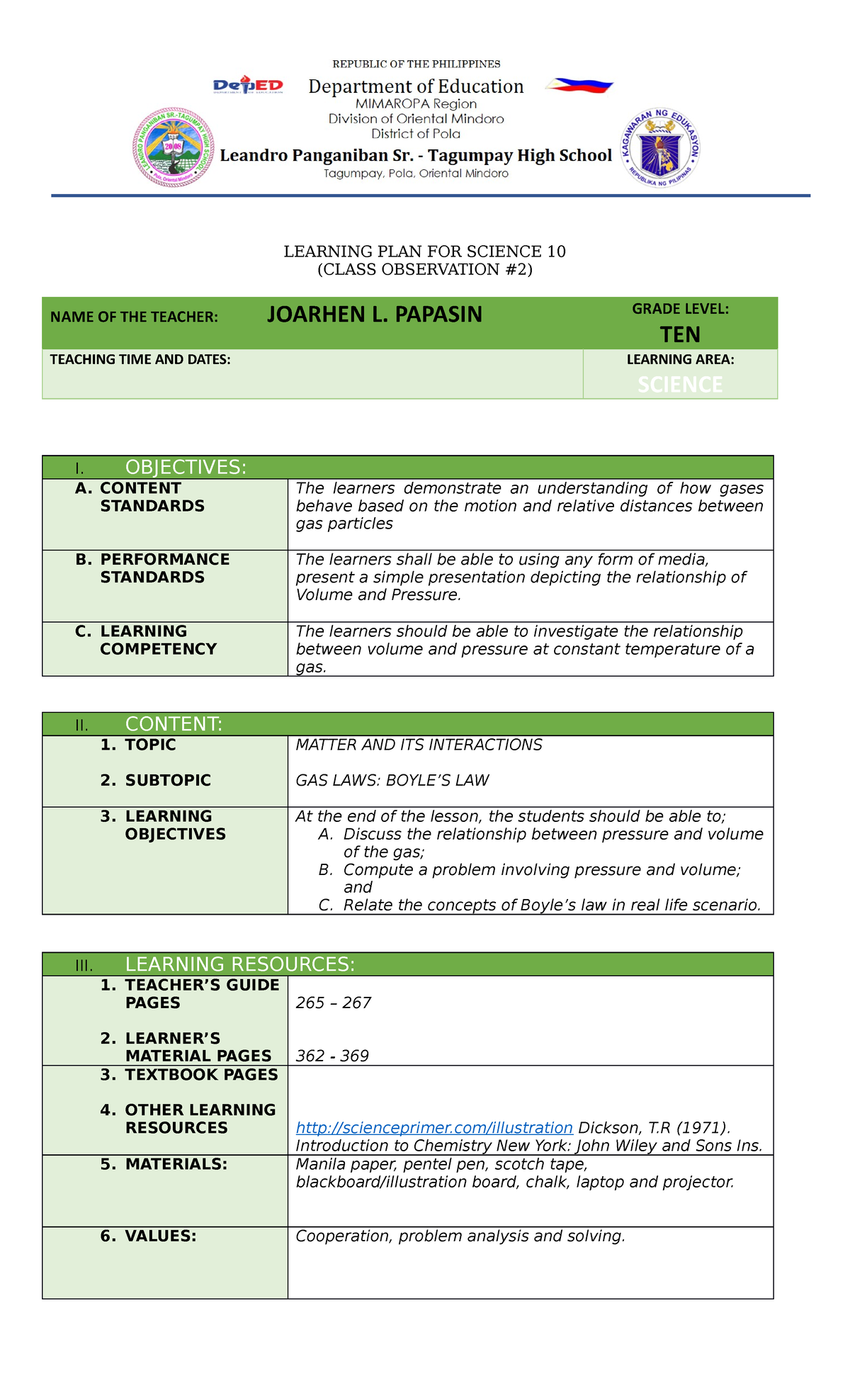 Learning PLAN IN Science 10 - LEARNING PLAN FOR SCIENCE 10 (CLASS ...