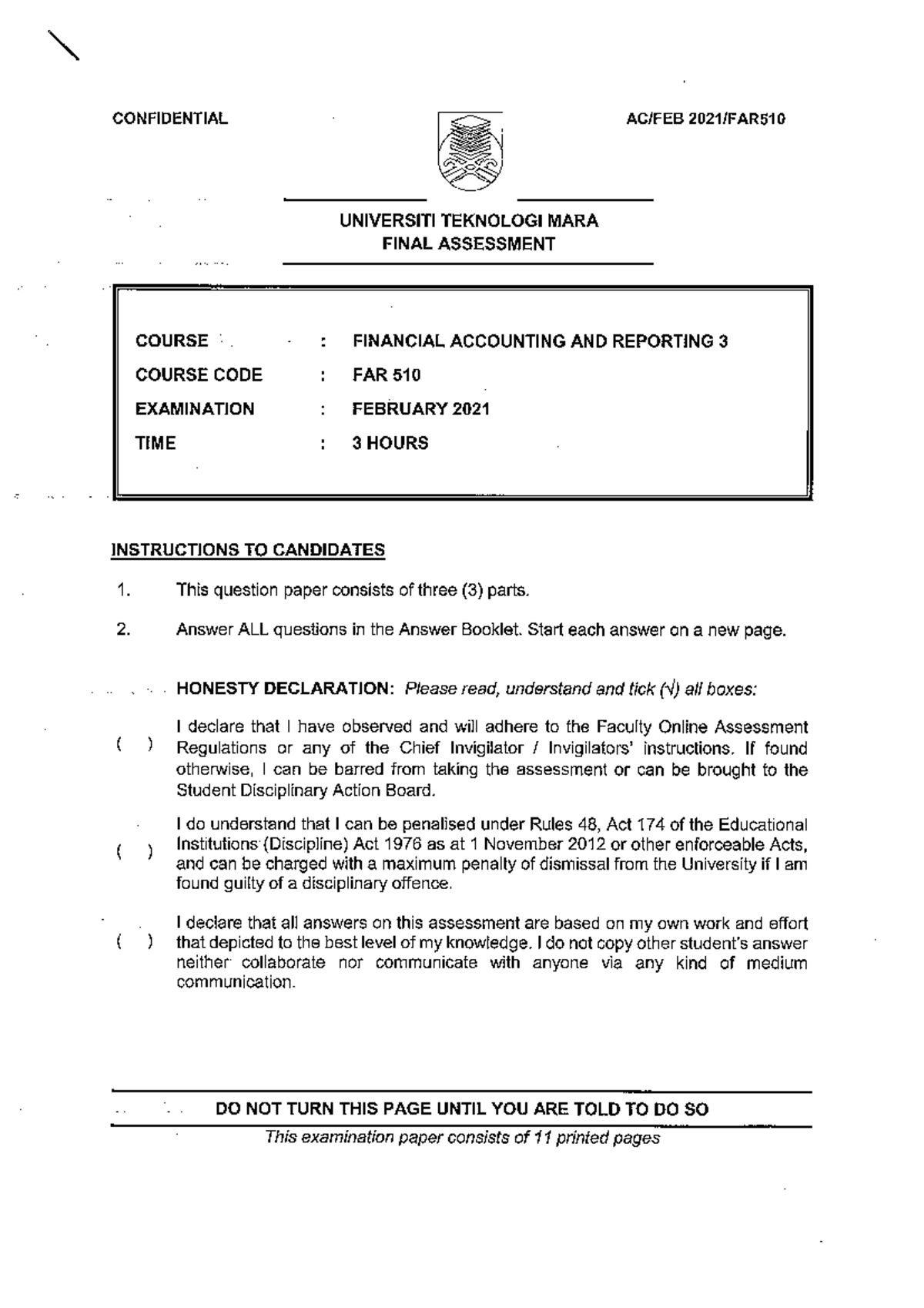 FEB 2021 - Past Year - BACHELOR OF ACCOUNTANCY (HONOUR) - Studocu