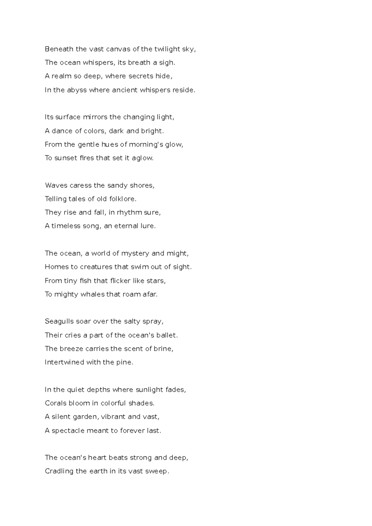 Poem about ocean - Beneath the vast canvas of the twilight sky, The ...