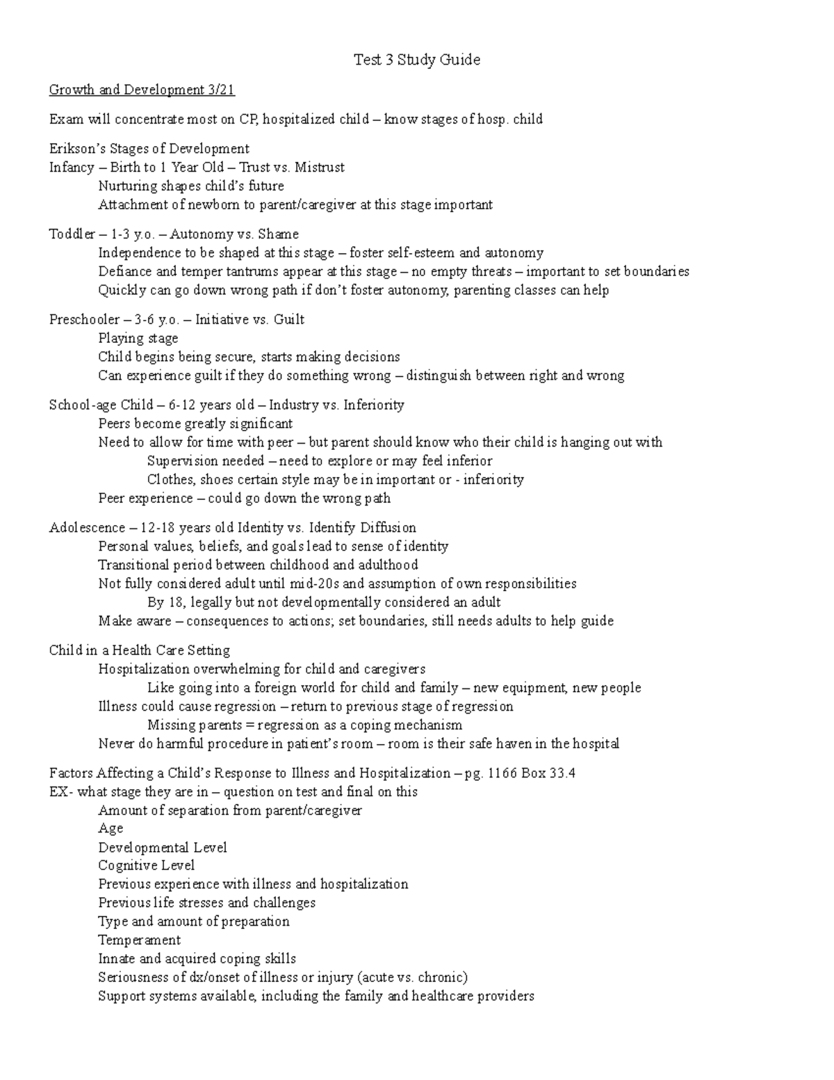 Test 3 Study Guide - Test 3 Study Guide Growth and Development 3/ Exam ...