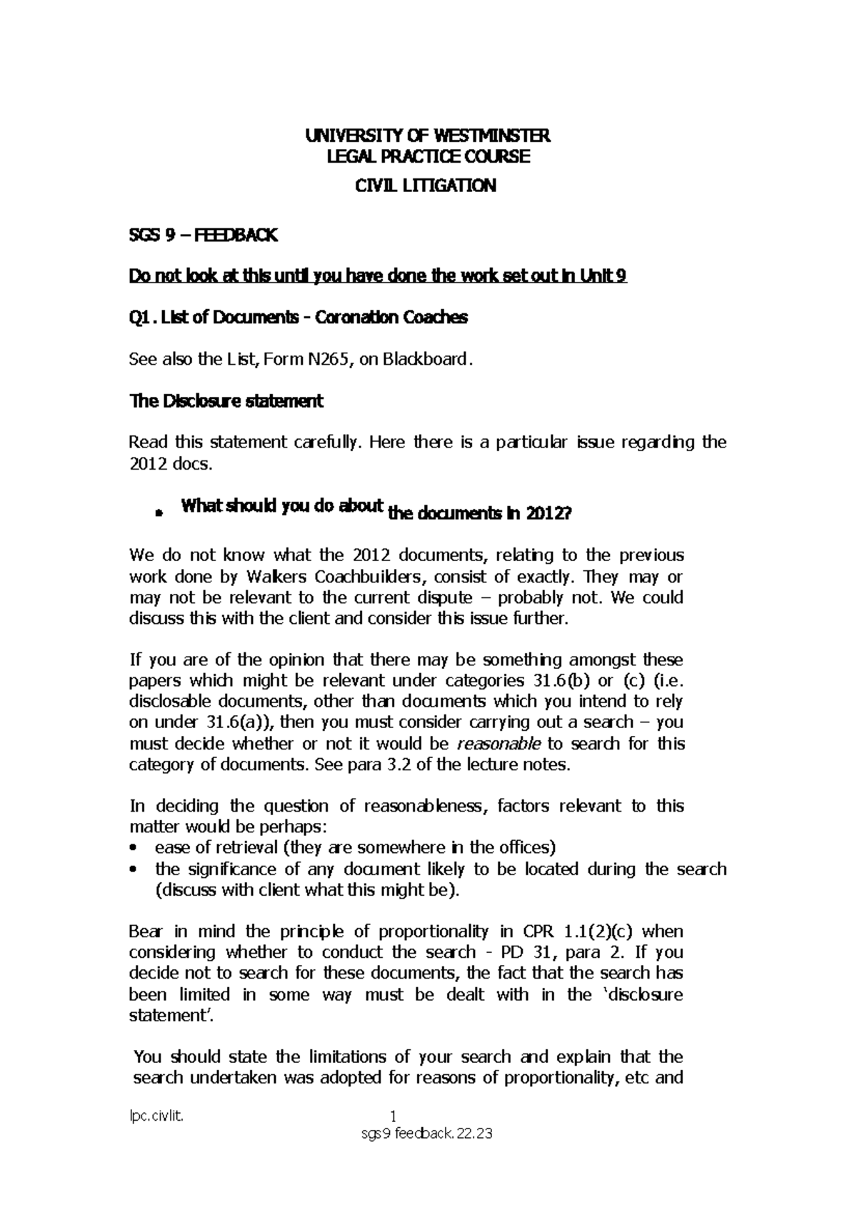 civil litigation - UNIVERSITY OF WESTMINSTER LEGAL PRACTICE COURSE ...