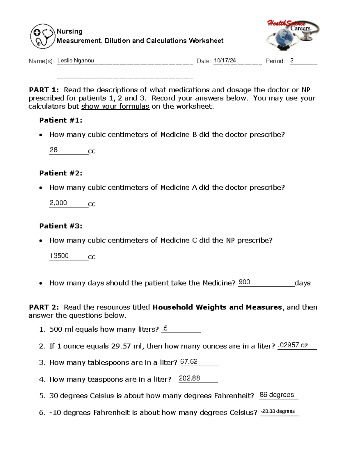 Nursing Worksheet Activity 7 - Name(s ...