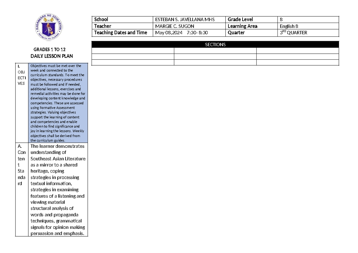 Lesson PLAN Final DEMO - GRADES 1 TO 12 DAILY LESSON PLAN I. OBJ ECTI ...