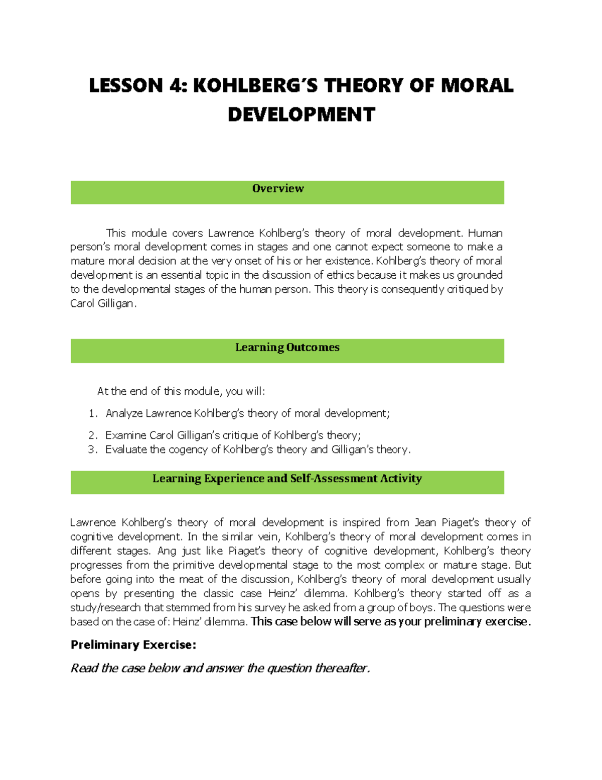Ethics 01 - LESSON 4: KOHLBERG’S THEORY OF MORAL DEVELOPMENT Overview ...