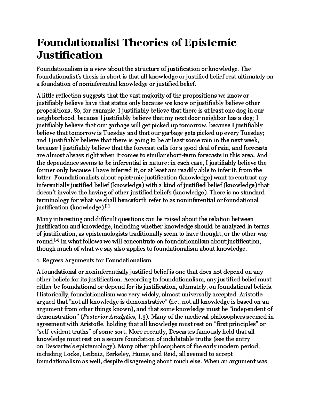 Lecture in Foundationalist Theories of Epistemic Justification ...