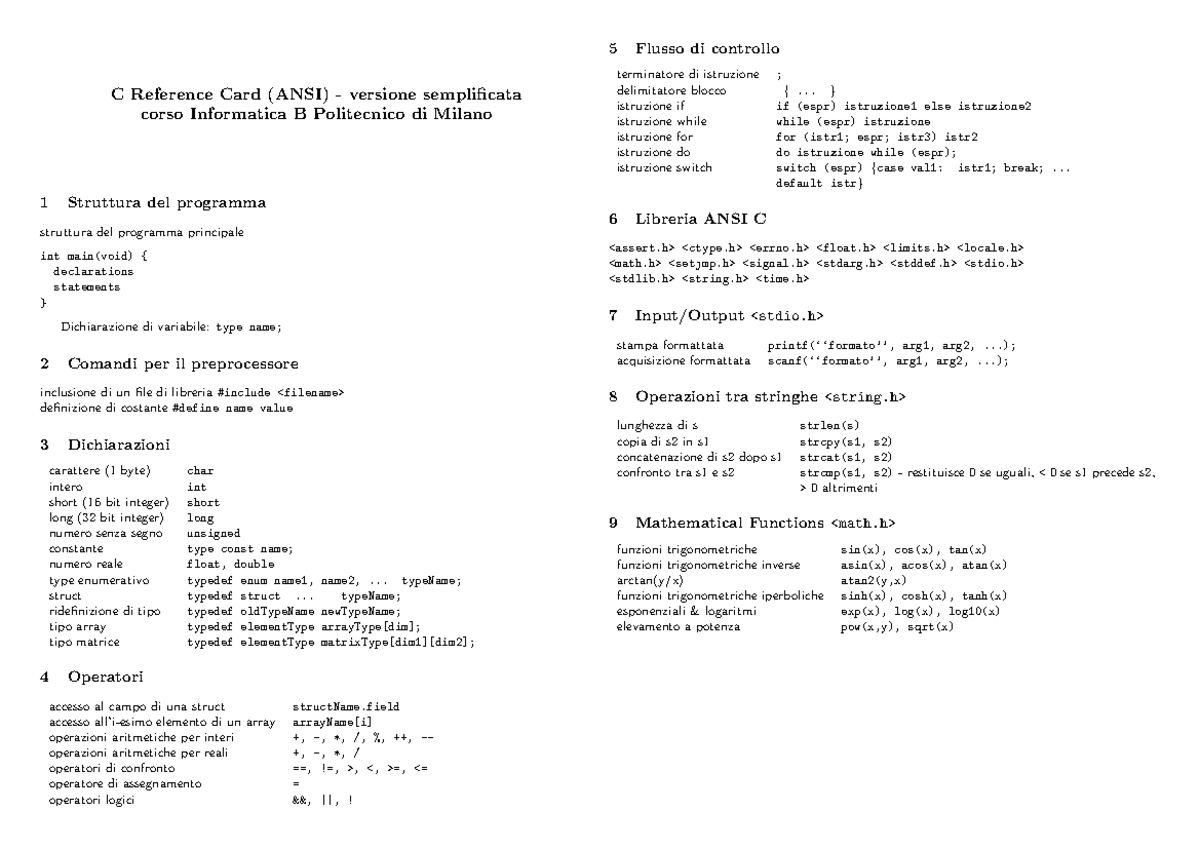 Cheat sheet info b - Linguaggio C - C Reference Card (ANSI) - versione semplificata corso - Studocu