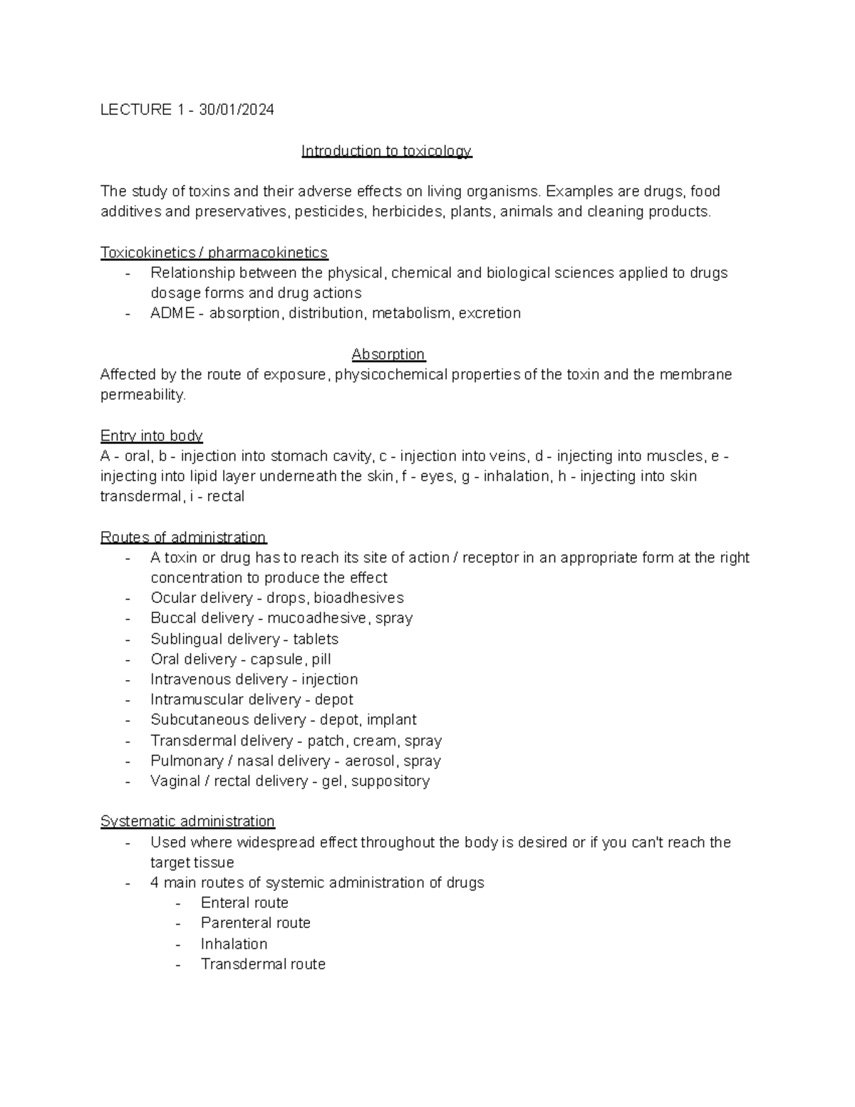 Lecture 1 - Introduction to toxicology absorption - LECTURE 1 - 30/01 ...
